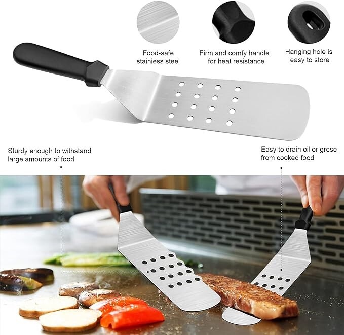 2 X Large Burger Turner Flipper Professional Long Cranked Perforated ...