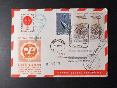 1965 Poland Balloon Airmail Cover Suchylas to Heutingheim Readdressed ...