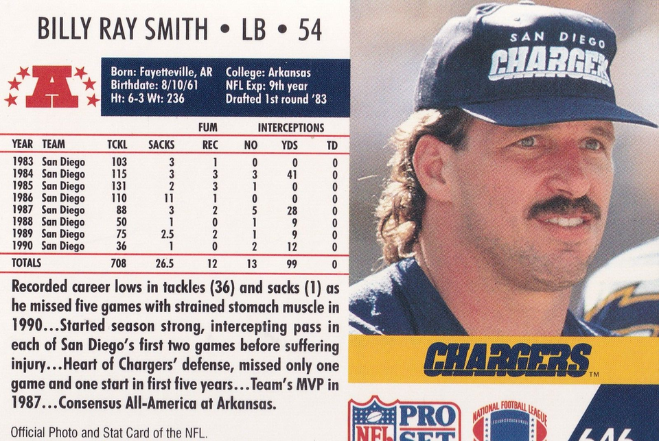 1991 Pro Set #646 Billy Ray Smith San Diego Chargers +(Yes 3 Free ...