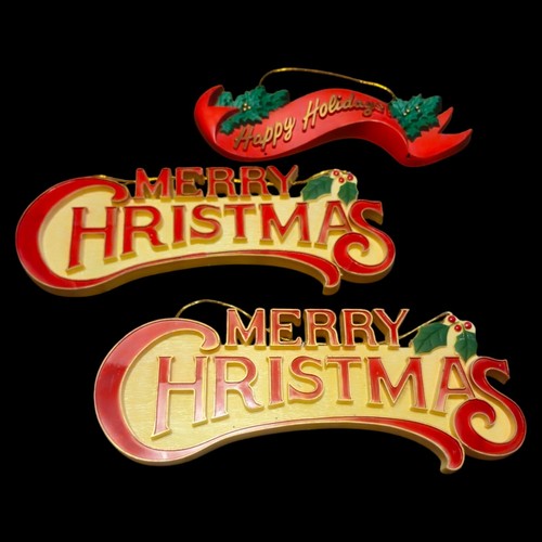 Vtg Set Merry Christmas Retro Hanging Plastic Wall Decor 14."x5 ...