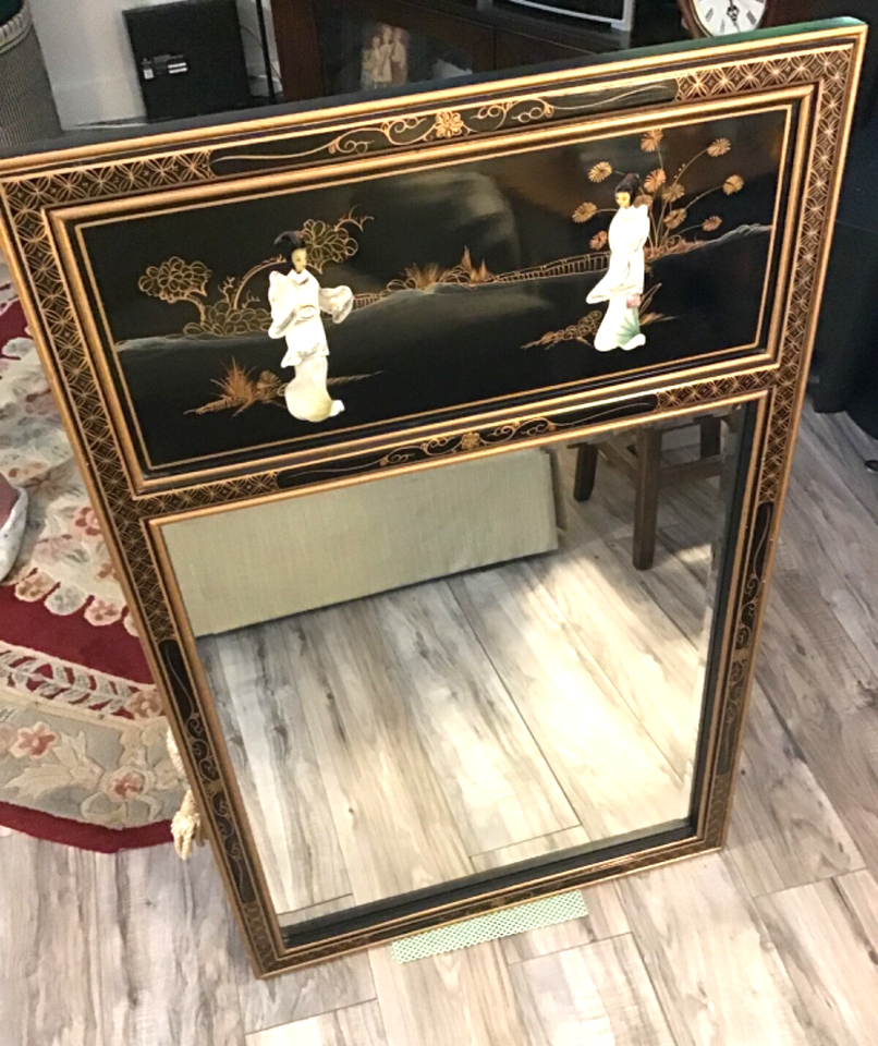 VTG Chinese Black Lacquer Mother of Pearl Panel Oriental Mirror 38x24 ...
