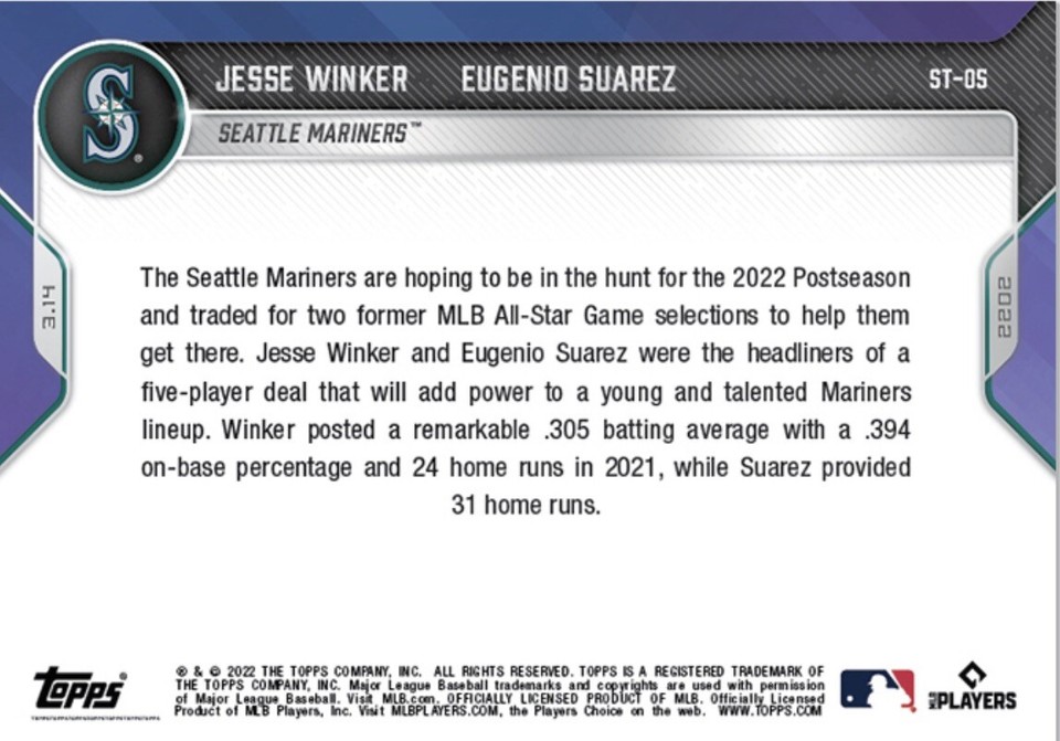 2022 TOPPS NOW #ST-5 JESSE WINKER & EUGENIO SUAREZ - TRADED TO SEATTLE ...