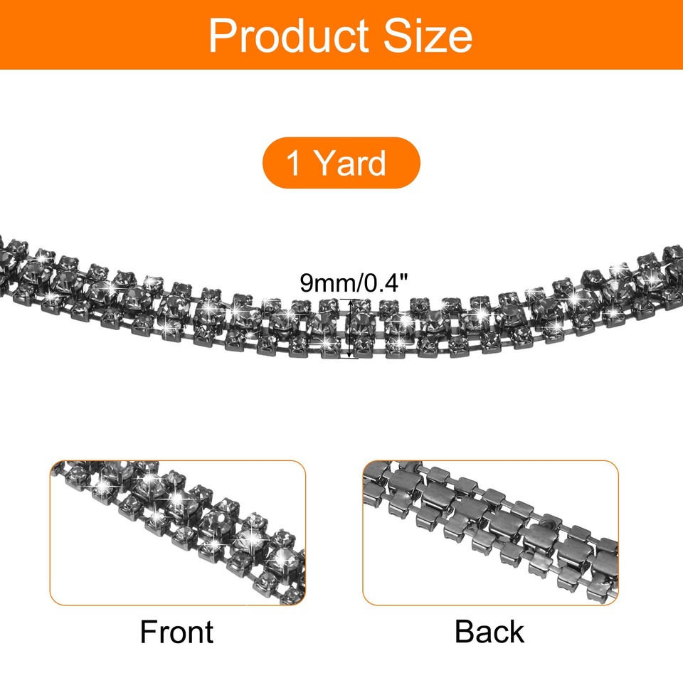 1 Yard 3 Rows Rhinestone Close Chain Trim, Black Rhinestone with Grey ...