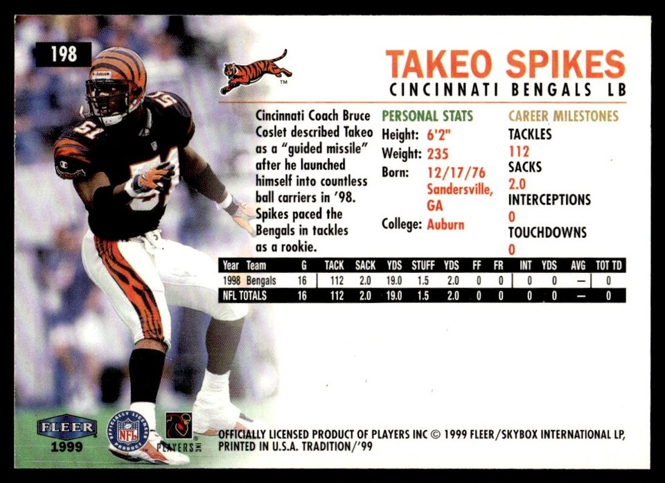 1999 Fleer Tradition Football Takeo Spikes RC Cincinnati Bengals #198 ...