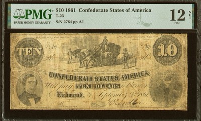 T-23 1861 Confederate States $10 Civil War Banknote Currency, VERY ...