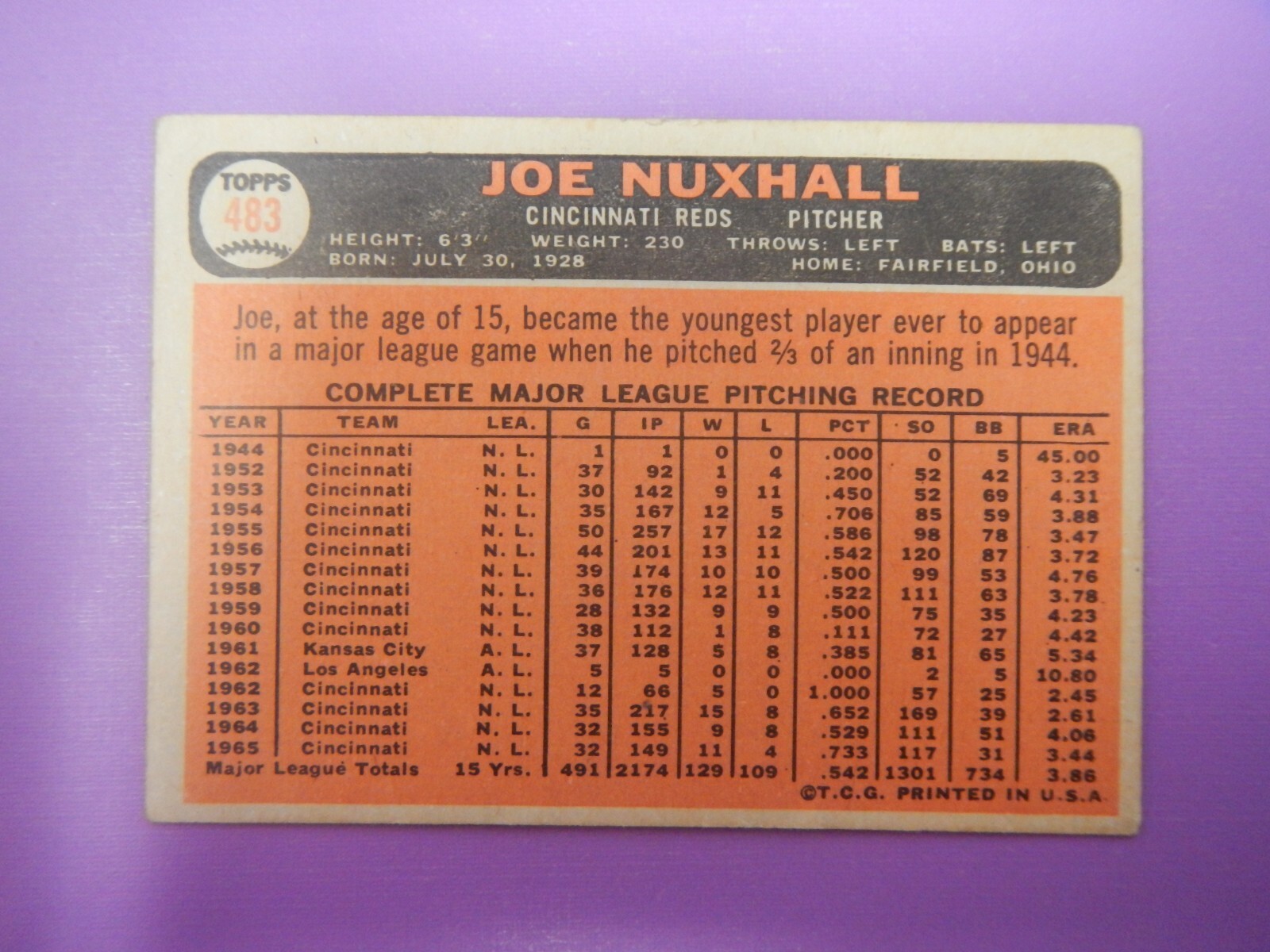 1966 Topps Baseball Joe Nuxhall Reds #483 | eBay
