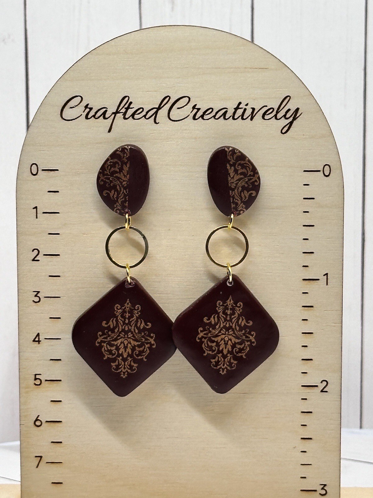 #235 Burgundy & Gold Baroque Print Stud Dangle Earrings New | eBay
