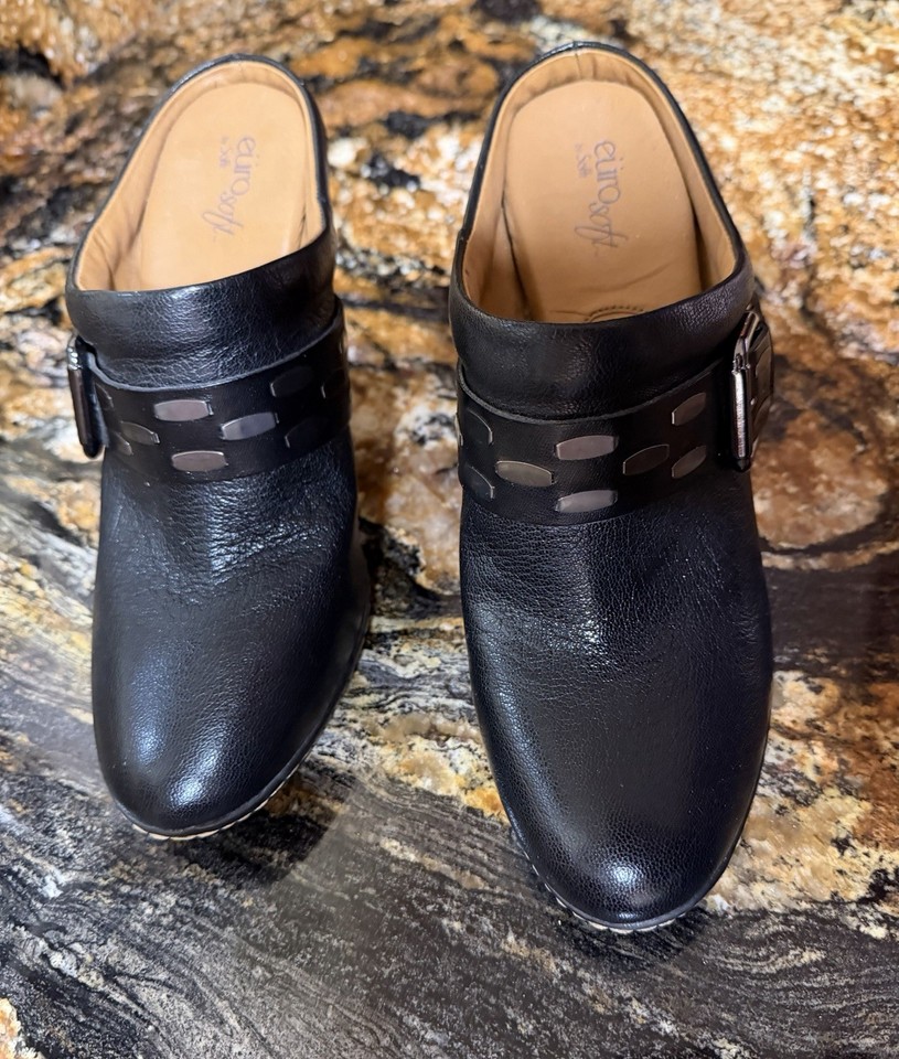 Euro Soft by Sofft 9.5M Sacha Leather Mules Clogs Slides Heels Buckle ...