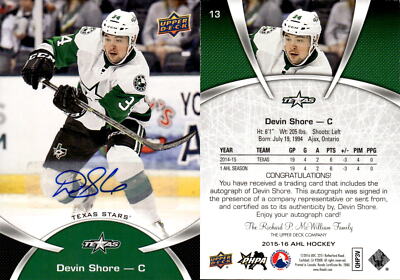 2015-16 Upper Deck AHL Autographs #13 Devin Shore Auto - NM-MT | eBay