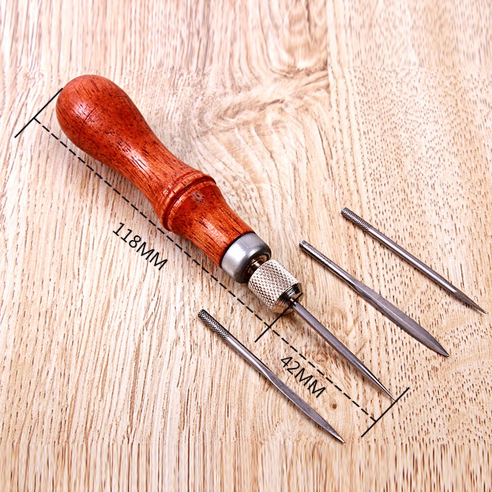 4 in 1 Pin Punching with Hardwood Handle Awl Tool Handmade for DIY ...