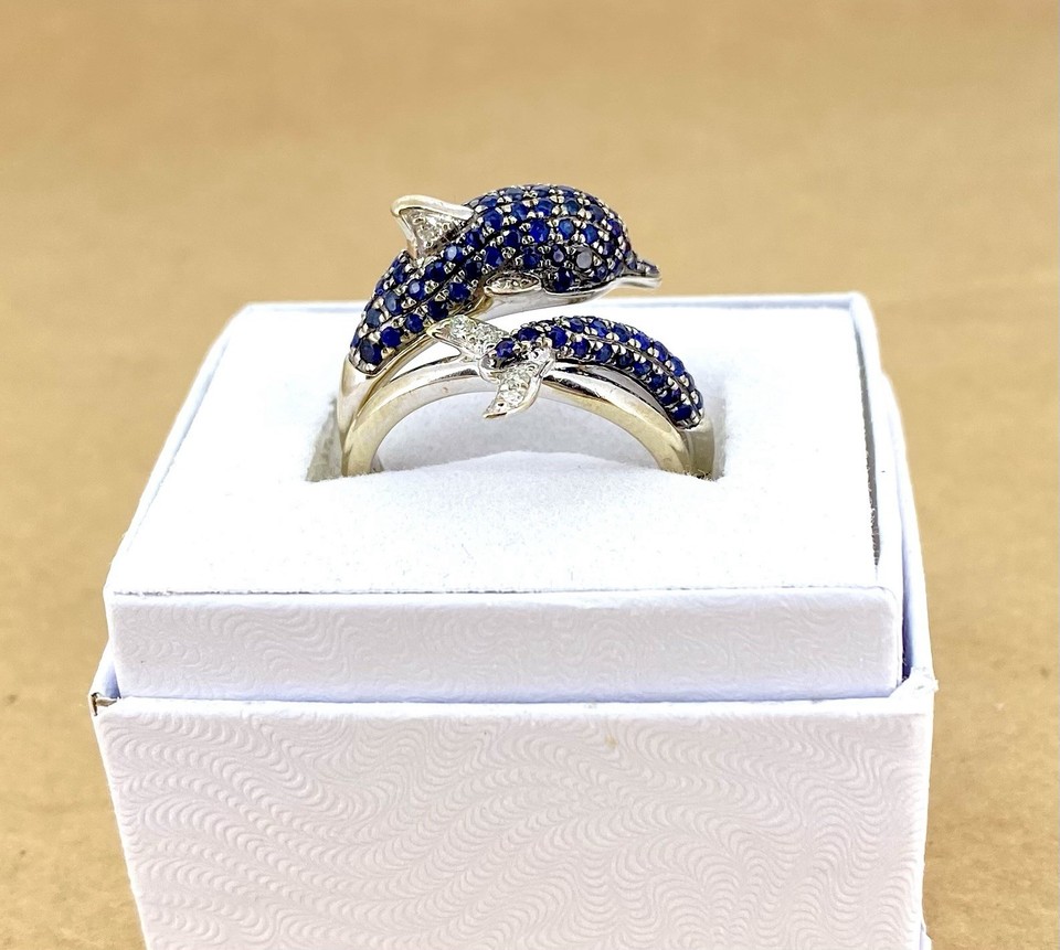 Effy Seaside 14K White Gold Blue Sapphire & Diamond Dolphin Ring | eBay