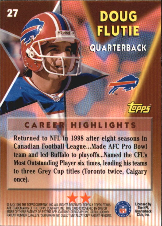1999 Topps Stars Two Star Buffalo Bills Football Card #27 Doug Flutie ...