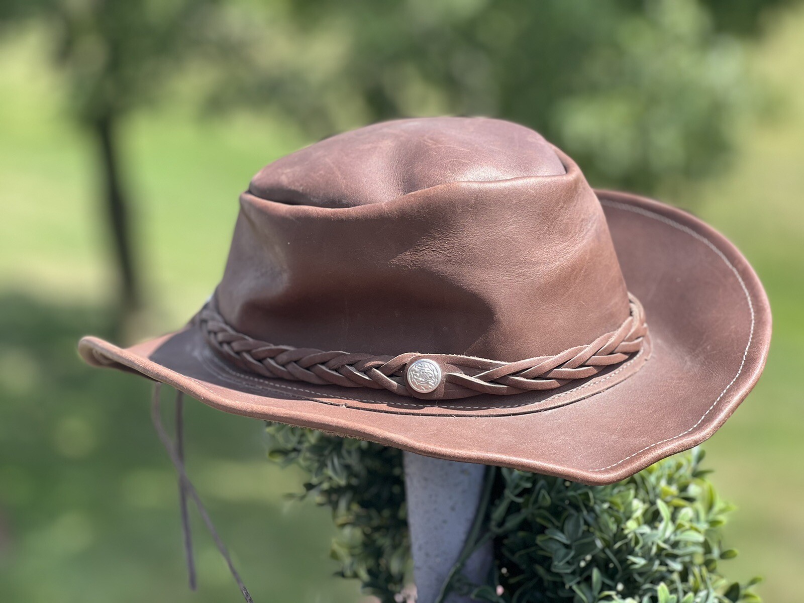 LEATHER OUTBACK HAT ~ Aussie Cowboy Bush Style in BROWN Handmade in USA ...