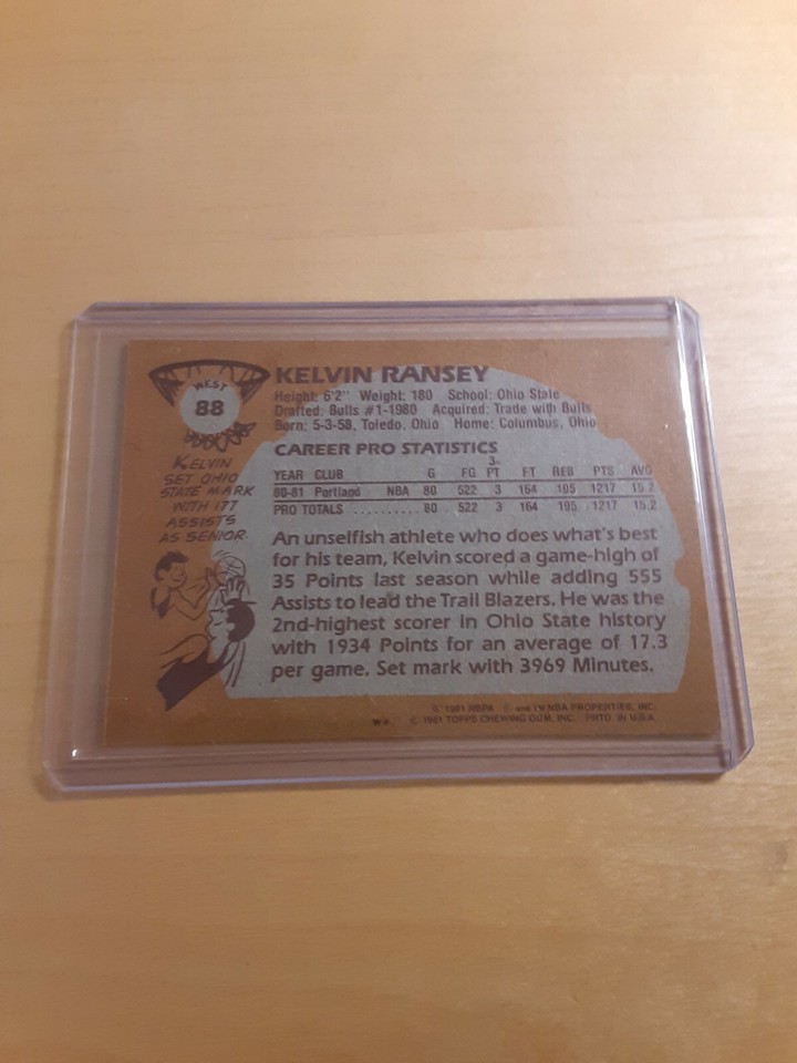 1981/82 Topps #88 West KELVIN RANSEY Portland Trail Blazers Basketball ...