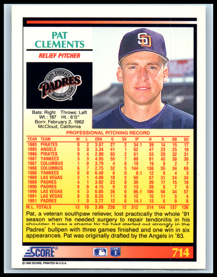 1992 Score San Diego Padres Baseball #714 Pat Clements | eBay