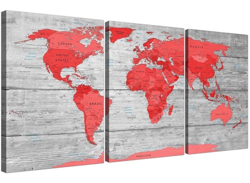 Large Red Grey Map of the World Atlas Canvas Wall Art Print Multi 3 ...