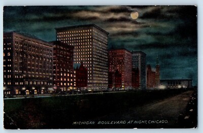 Chicago Illinois Postcard Michigan Boulevard Night Moon Exterior ...