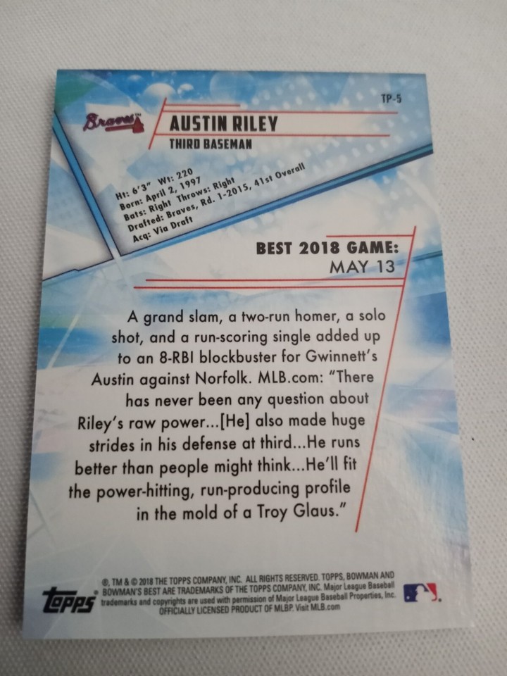 AUSTIN RILEY 2018 BOWMAN’S BEST MINT PURPLE REFRACTOR /250 ROOKIE RC TP ...