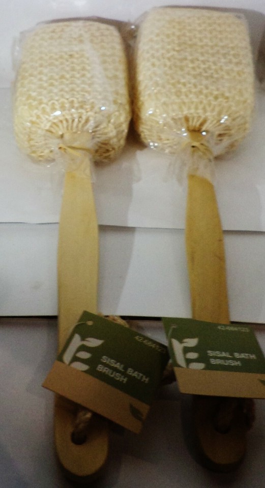 2 SISAL Bath Brush Easy Use Back & Body Scrubber With 16" Wood Handle ...
