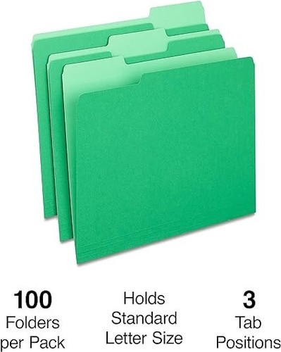 Staples 3 Tab 224543 Letter Size 100/Box 1/3 Cut Top Tab Green File ...