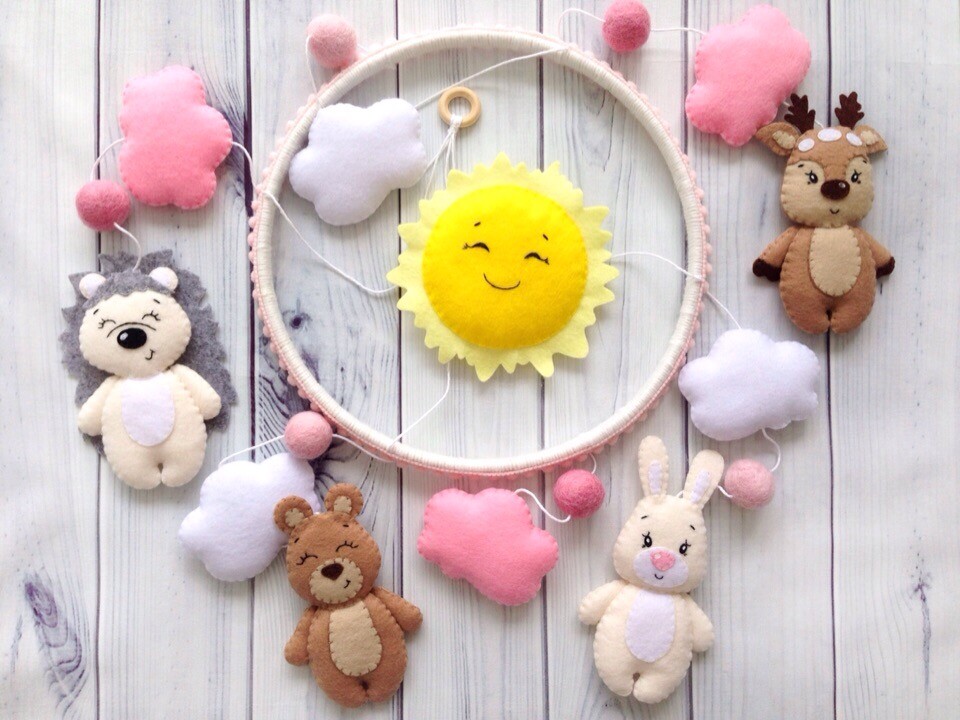 Baby Mobile Forest Animals Felt Pink Girl Nursery Decor Baby Gift Cot ...