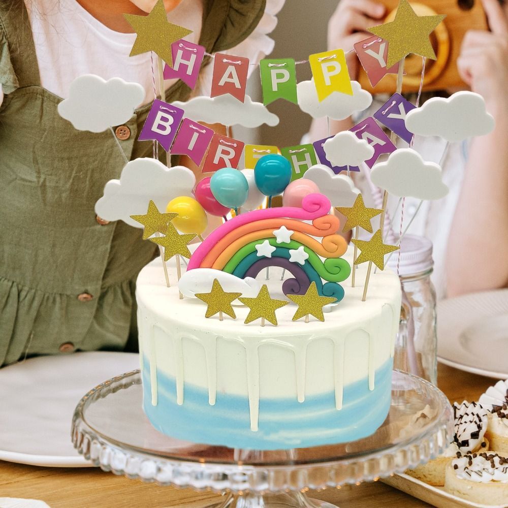 26Pcs Clouds Rainbow Cake Topper Happy Birthday Cake Toppers Birthday ...