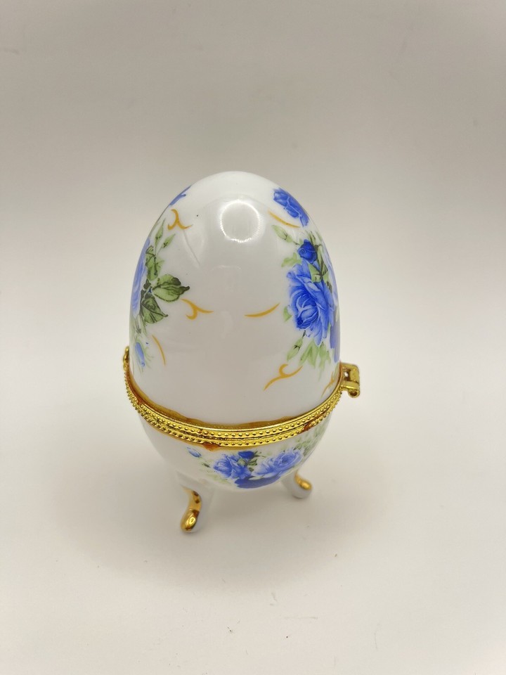 VTG Blue Floral Ceramic Egg Shaped Trinket Box Gold Trim Footed Hinged 4" T | eBay