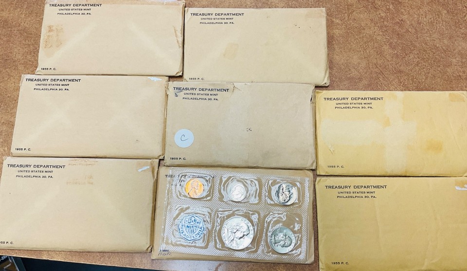 1955 U.S. Silver Proof Set of 5 Coins original government envelope flat ...