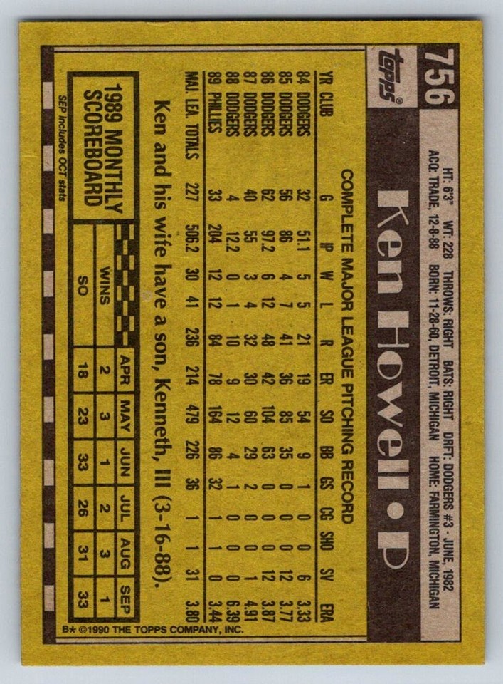 1990 Topps #756 Ken Howell Philadelphia Phillies | eBay