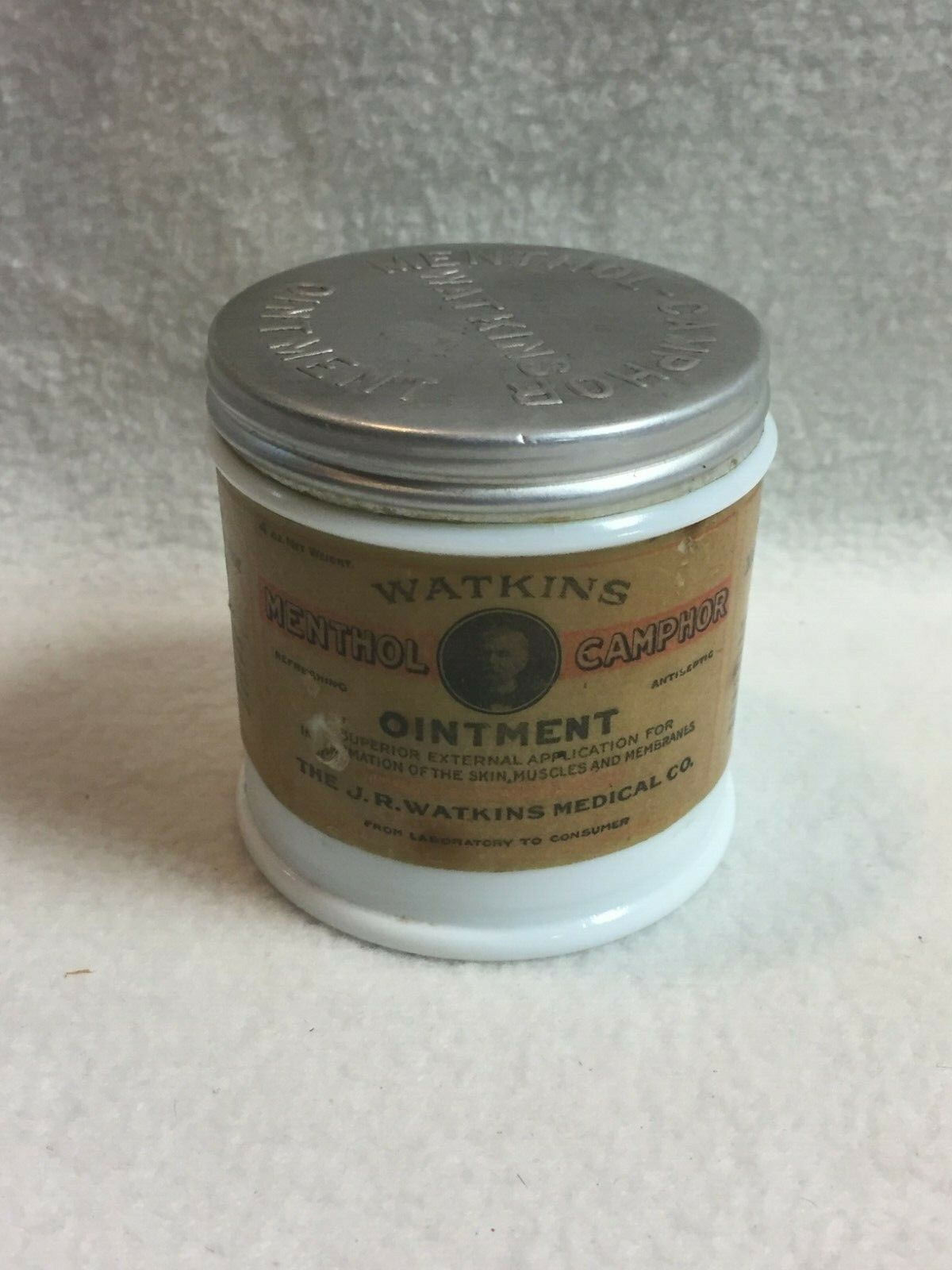 Vtg. J.R. Watkins Medical Co-Menthol Camphor Ointment Milk Glass Jar ...