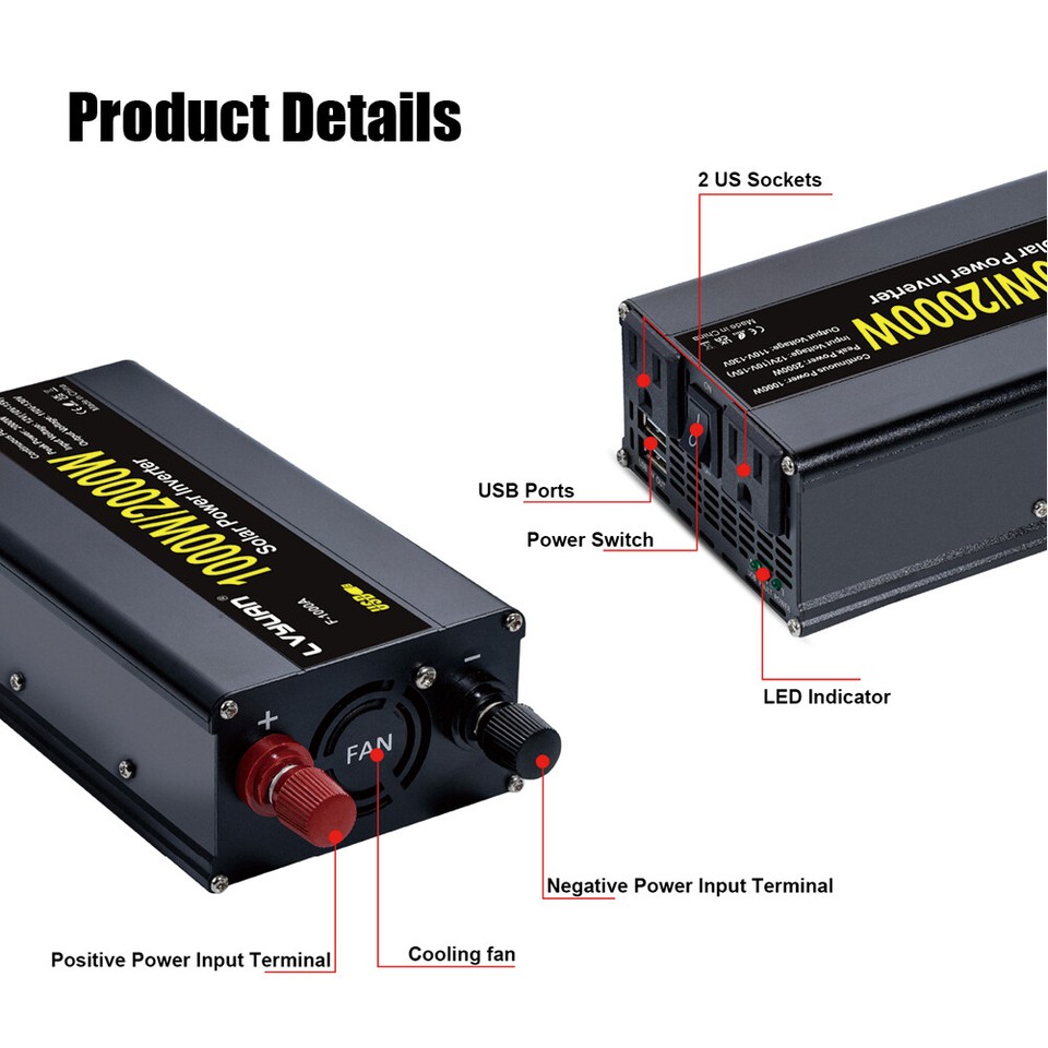 1000W 2000W Power Inverter DC 12V to AC 110V 120V 2AC 2USB Adapter Car ...