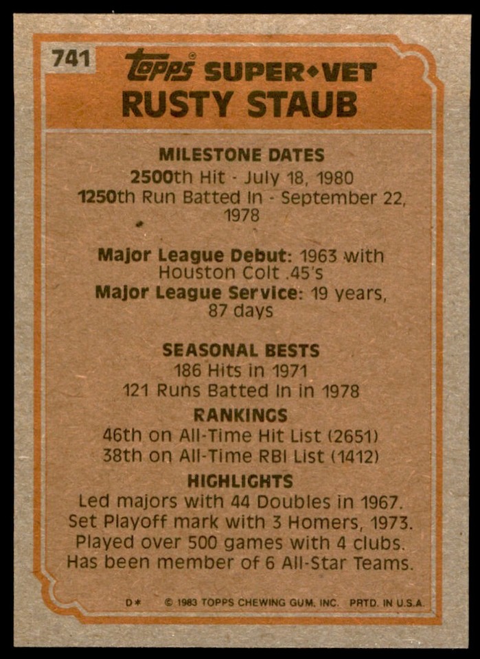 1983 Topps Rusty Staub Houston Colt .45's/New York Mets #741 | eBay