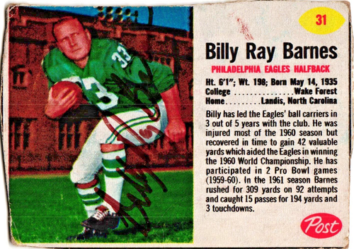 Billy Ray Barnes 1962 Post Football NFL Eagles Card #31 | eBay