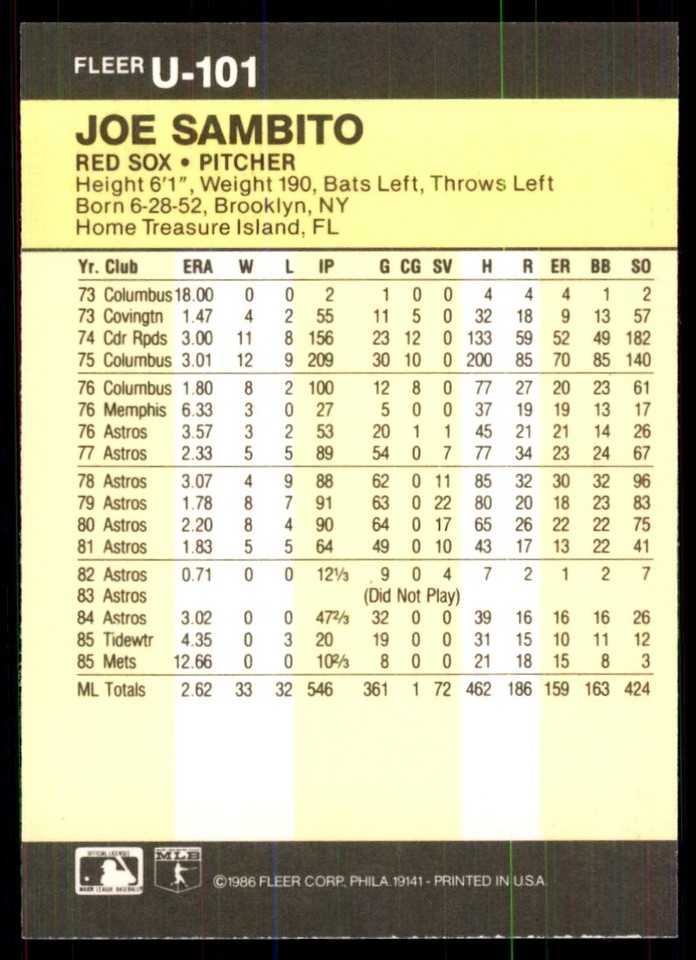 1986 Fleer Update Joe Sambito Baseball Cards #U-101 | eBay