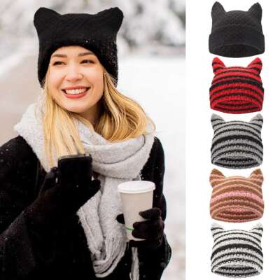 Cute Cat Ear Beanie Cap Cat Knitted Hat Winter Knit Cable Hat for Women ...