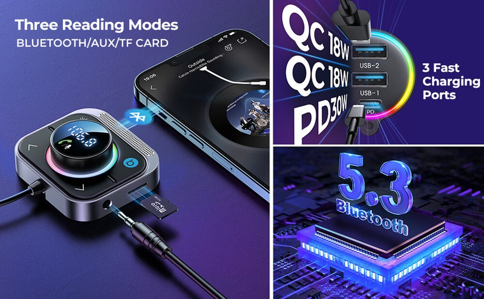 Bluetooth FM Transmitter Car Radio USB Fast Charger Adapter MP3 Player ...