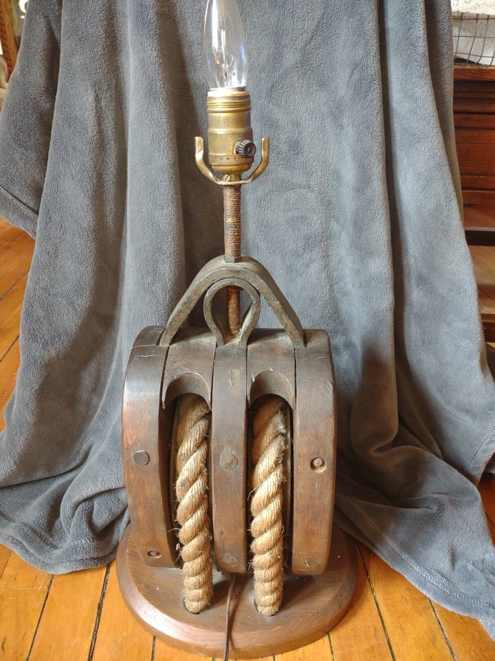 ANTIQUE DOUBLE WOOD PULLEY-BLOCK TACKLE NAUTICAL STEAMPUNK LAMP CAST ...
