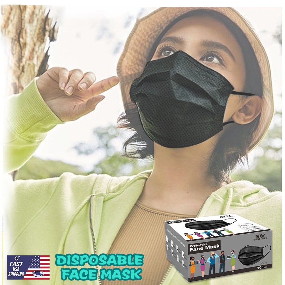 100 Pcs Black Protective Disposable Respirator 3-Layers Mouth Cover ...