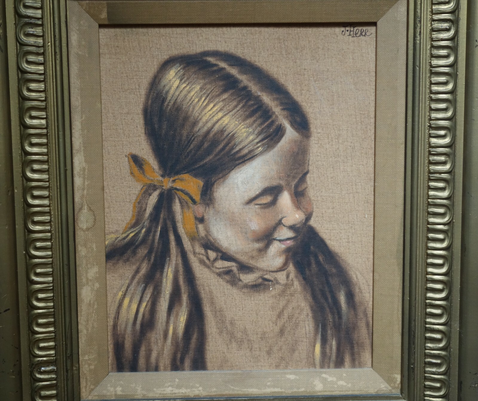 Julius Herr Portrait Oil Painting Red Head Girl with Pigtails Eyes Shut ...