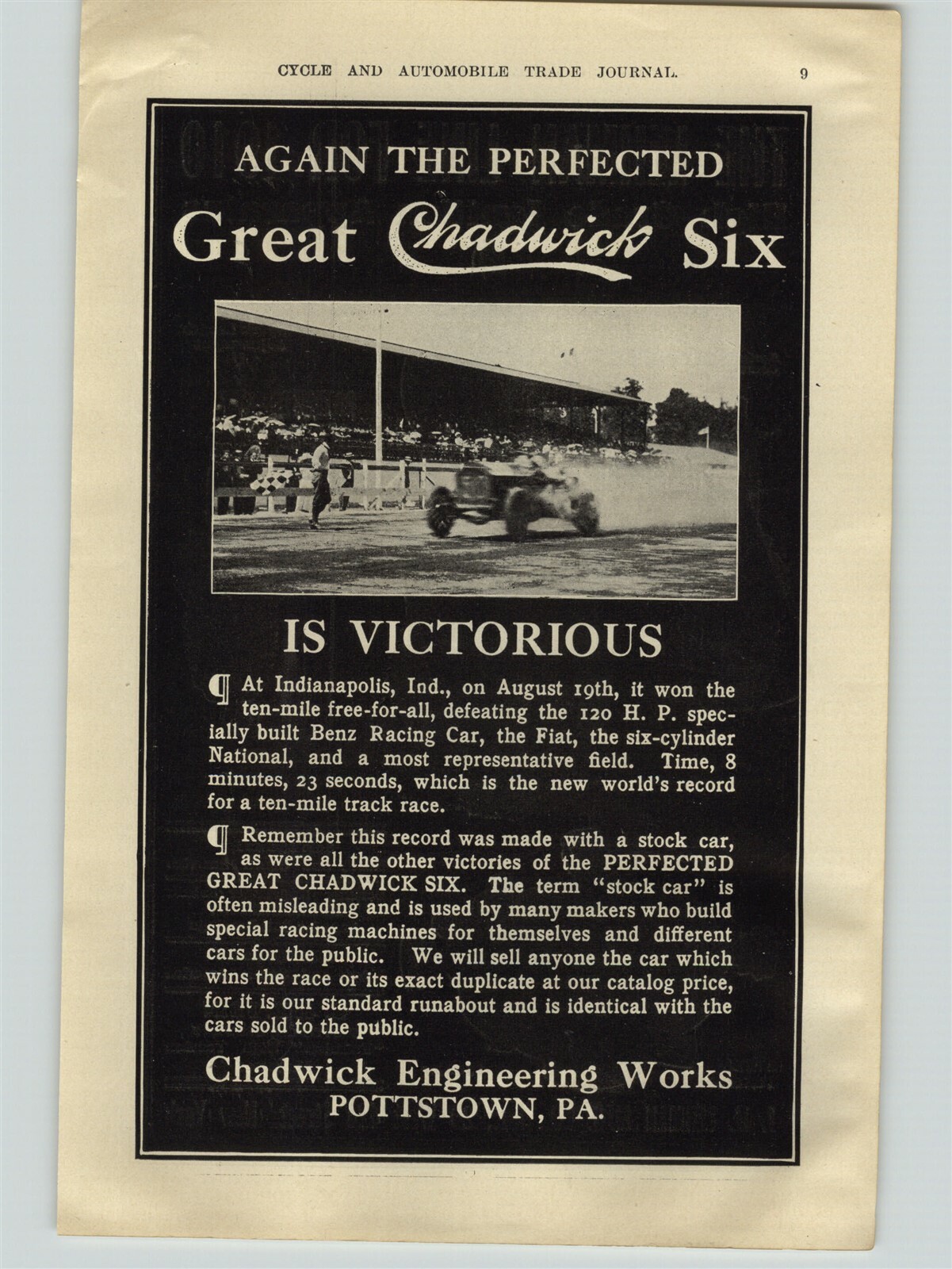 1909 PAPER AD Great Chadwick Six Car Auto Automobile 10 Mile Race ...
