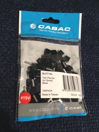 CABAC BLPT150 - 1 Packet of 100 Pins - 2X1.5MM2 BLACK BOOT LACE PIN ...