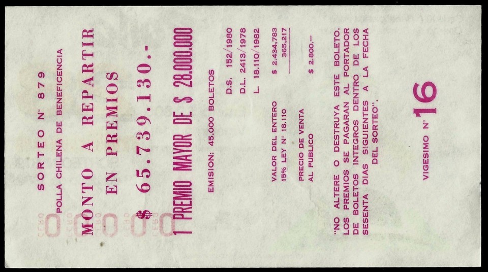 CHILE, LOTTERY TICKET, "POLLA CHILENA", GAME # 879, YEAR 1982, NUMBER ...