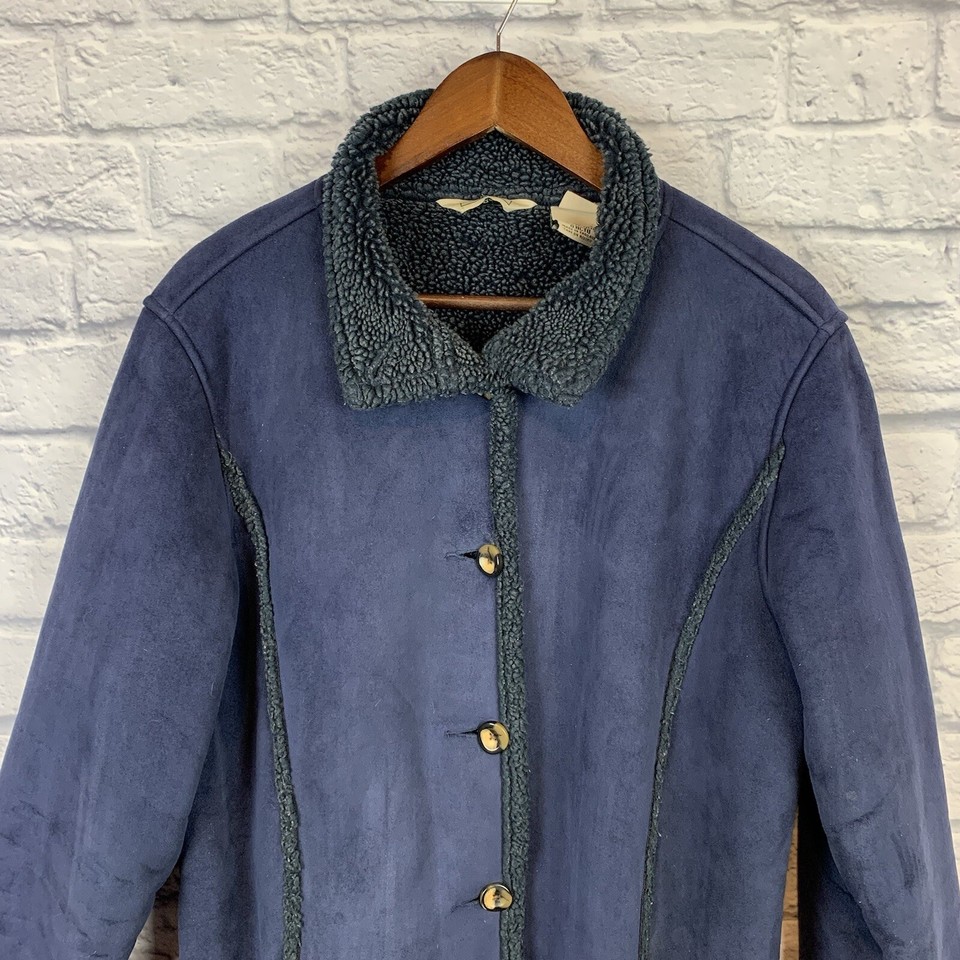 LL Bean Women’s Faux Suede Jacket Sherpa Lined Button Up Navy Blue Coat ...