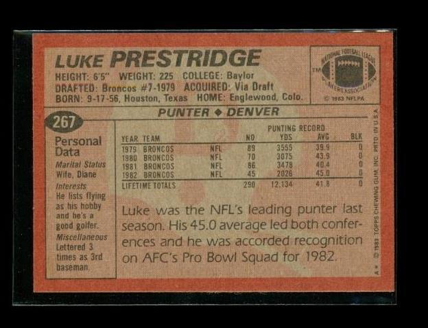 Vintage 1983 TOPPS AFC PRO BOWL Football Card #267 LUKE PRESTRIDGE ...