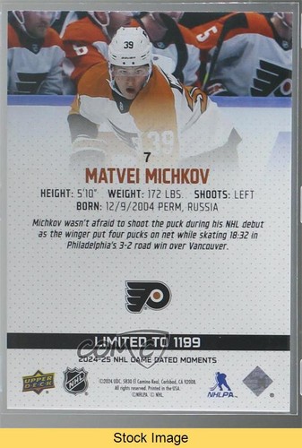 2024 Upper Deck Game Dated Moments Debut /1199 Matvei Michkov #7 Rookie ...