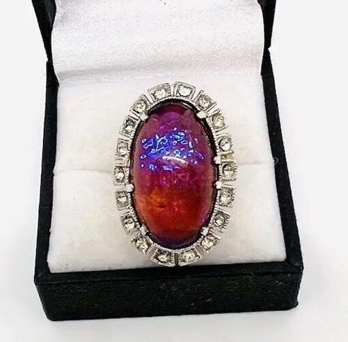 Large Art Deco Dragons Breath &Rhinestone Ring Faux Opal Vintage ...