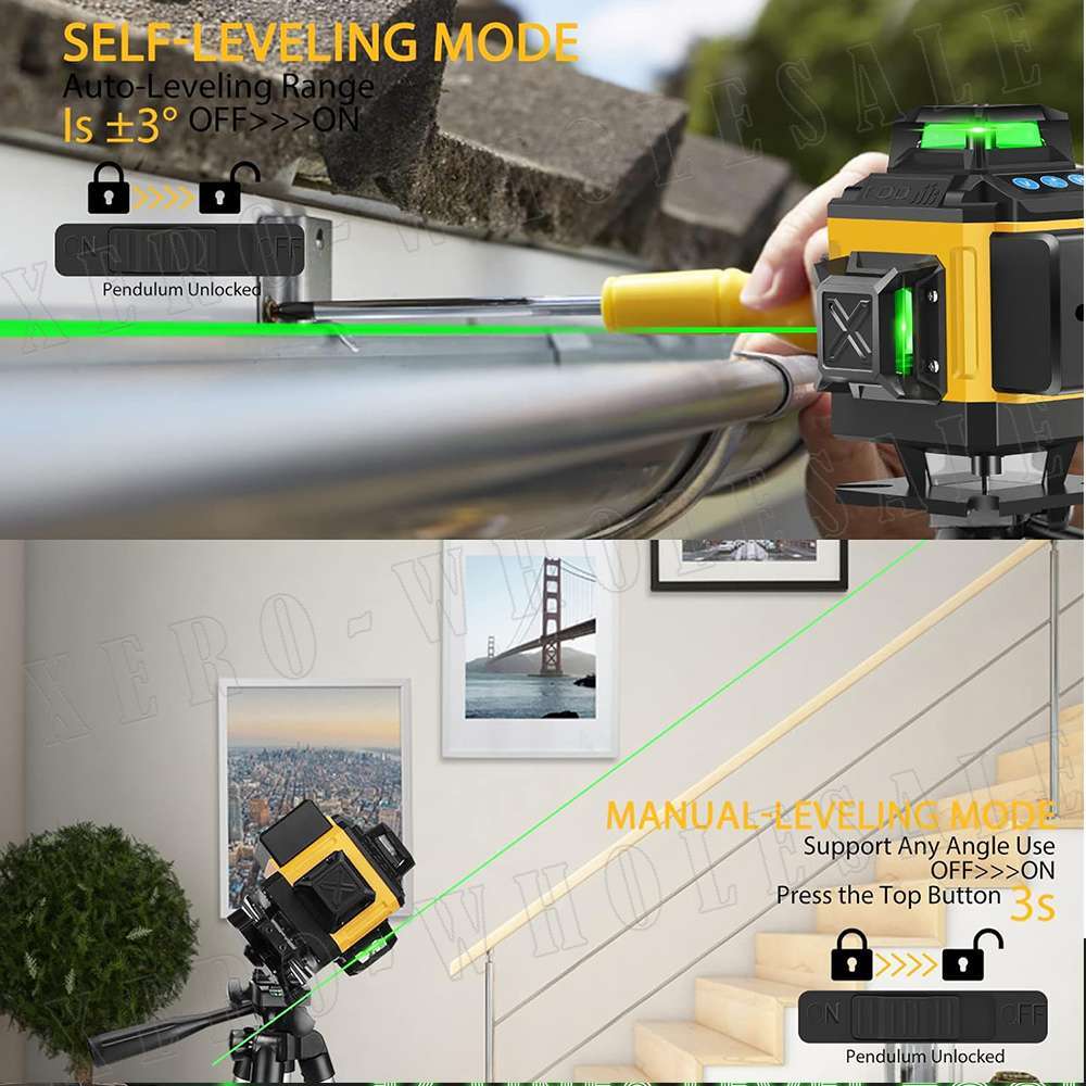 Laser Level Green Light 4D 16 Lines Self Leveling 360° 4 Battery ...