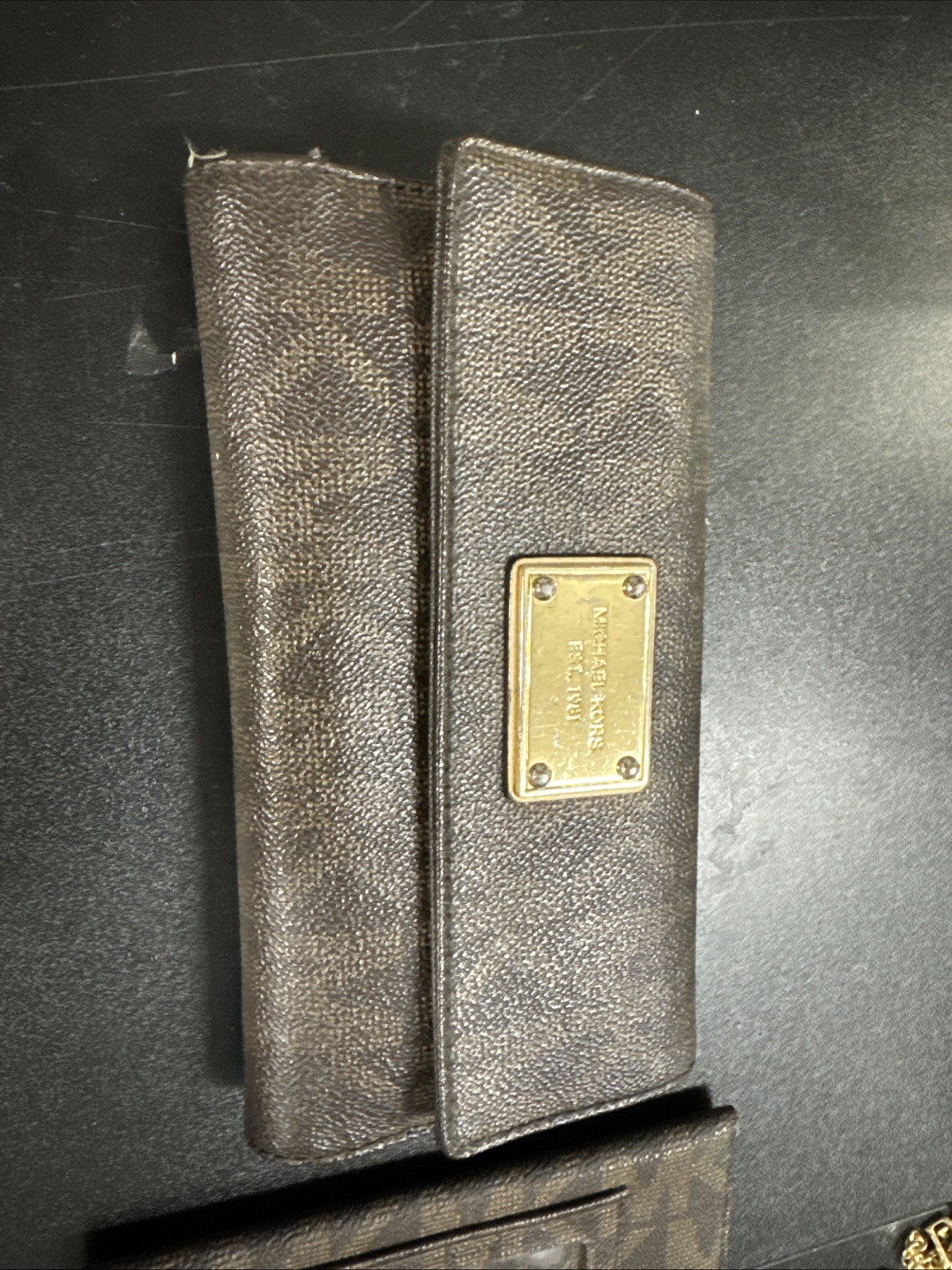 Michael Kors Jet Set Travel Trifold Checkbook Wallet Brown MK logo Gold ...