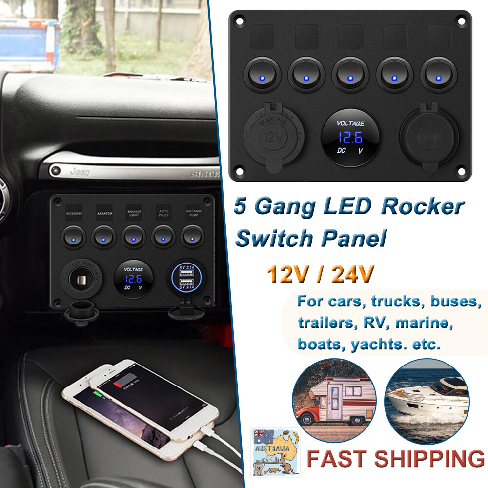 12V Switch Panel USB Charger 5 GANG ON-OFF Toggle LED Rocker for Car ...