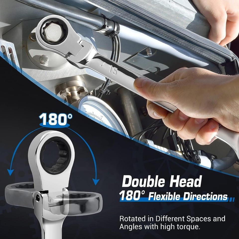 Flex Head Ratcheting Wrench set, 6Pcs Double Box End Long Reach Ratchet ...